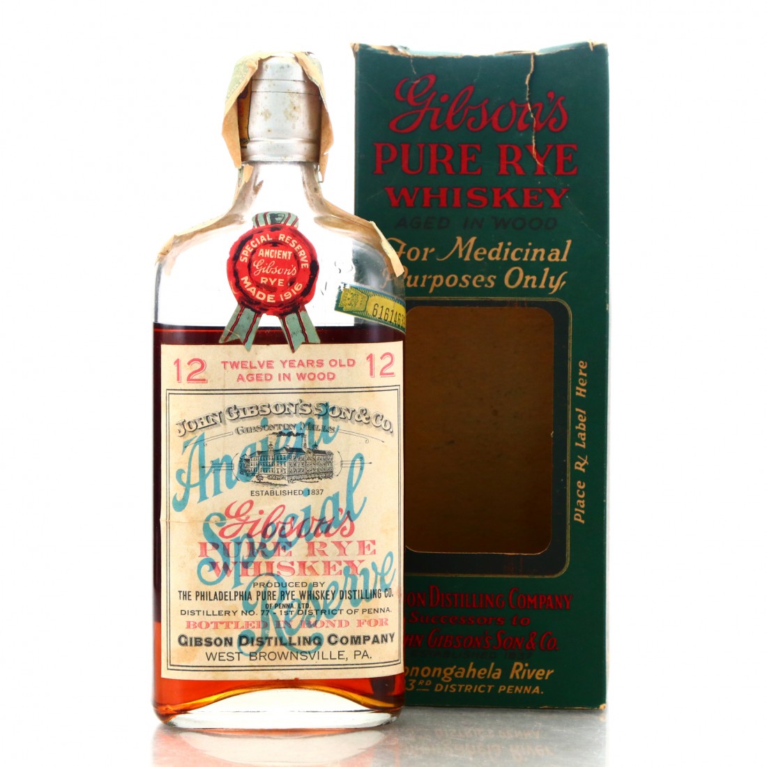 Gibson's Pure Rye 1916 Bottled in Bond 12 Year Old Pint / Prohibition ...