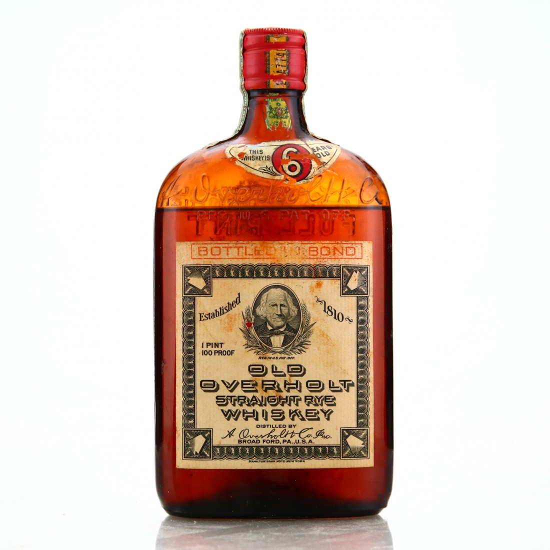 Old Overholt 6 Year Old Bottled in Bond Straight Rye Whiskey Pint circa ...