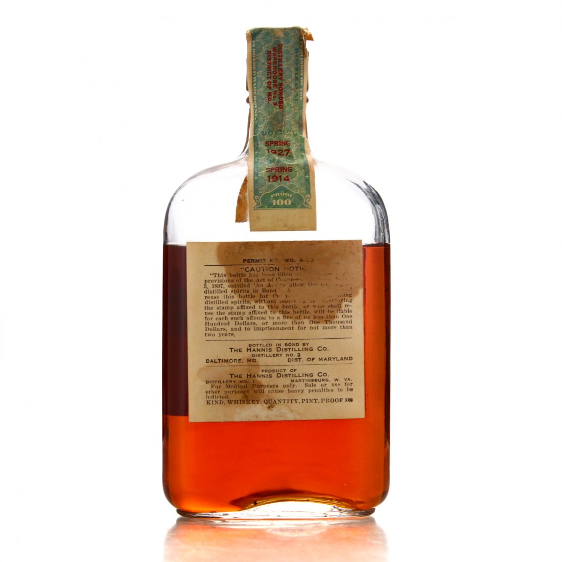 Hannisville 1914 Bottled in Bond Pure Rye Pint / Prohibition Era ...