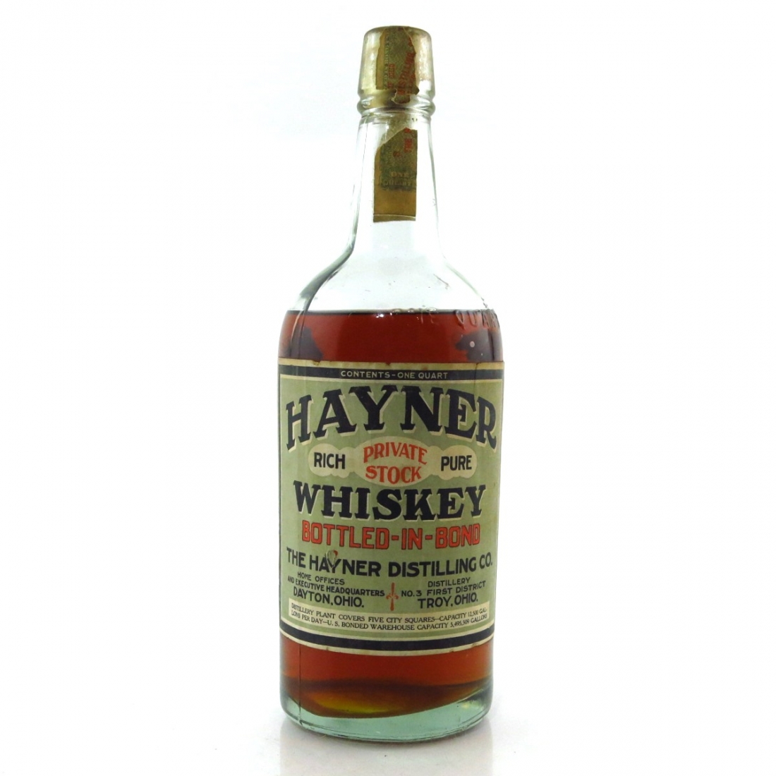 Hayner Private Stock 1914 Bottled in Bond Quart / Prohibition Era ...