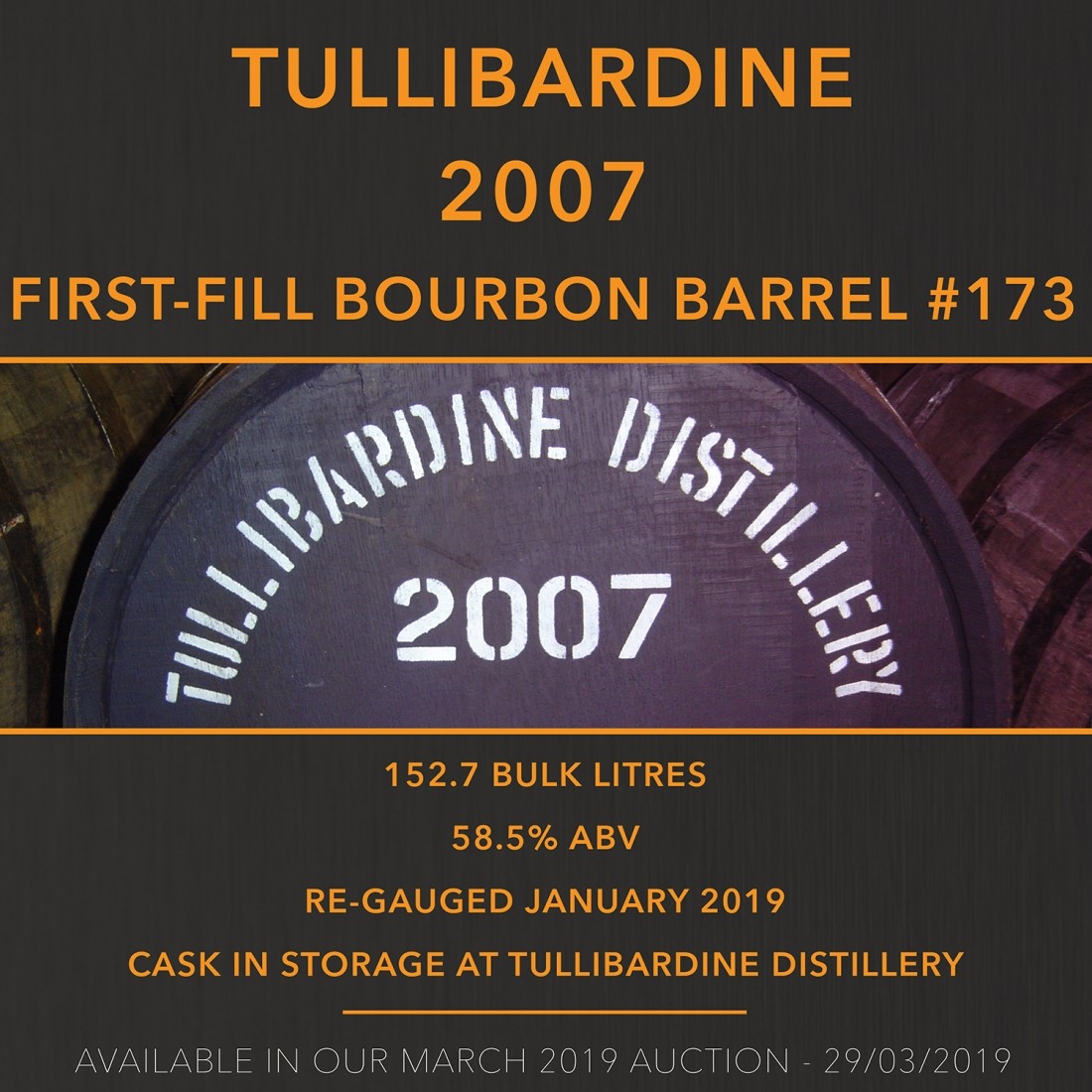 1 Tullibardine 2007 First-Fill Bourbon Barrel #173 / Cask in storage at ...